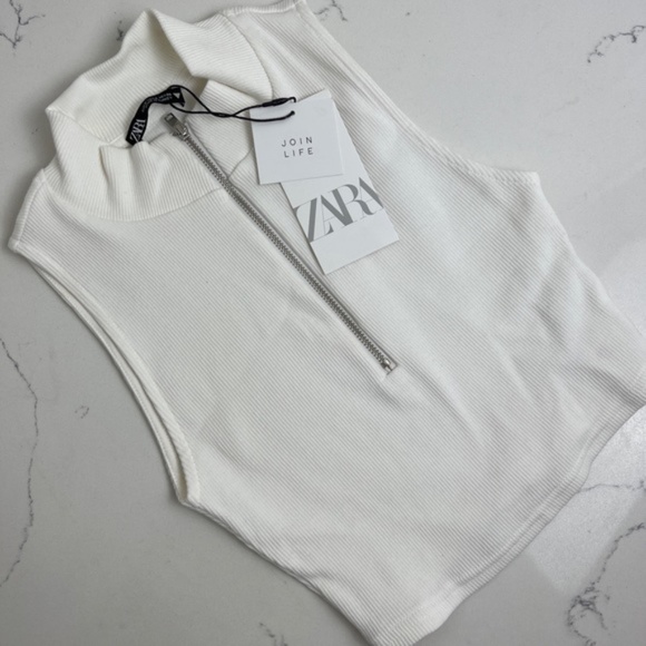 Zara | Tops | Zara High Neck Zip Up Crop White | Poshmark